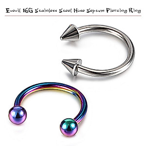 Evevil 14G 16G Septum Jewelry Surgical Steel Small Septum Ring for Women Men Nose Nostril Rings Lip Labret Cartilage Body Piercing (16G,10pcs,8mm,ball&spike)