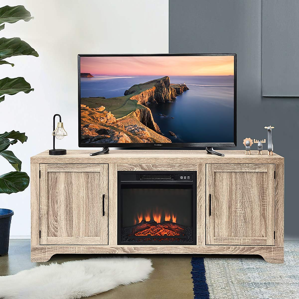 Tangkula 65" TV Stand, Storage Cabinet Console, Television Console, Media Component TV Stand with Adjustable Shelves. Suitable for 18" x 17" Fireplace (not Included) (Grey)