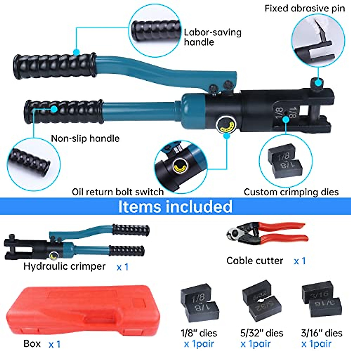 Muzata 60KN Upgraded Custom Hydraulic Hand Crimper Tool for 1/8" 5/32" 3/16" Stainless Steel Cable Railing Kit Wire Rope Swaging 3Pair Dies with Wire Cable Cutter CT01, CT1