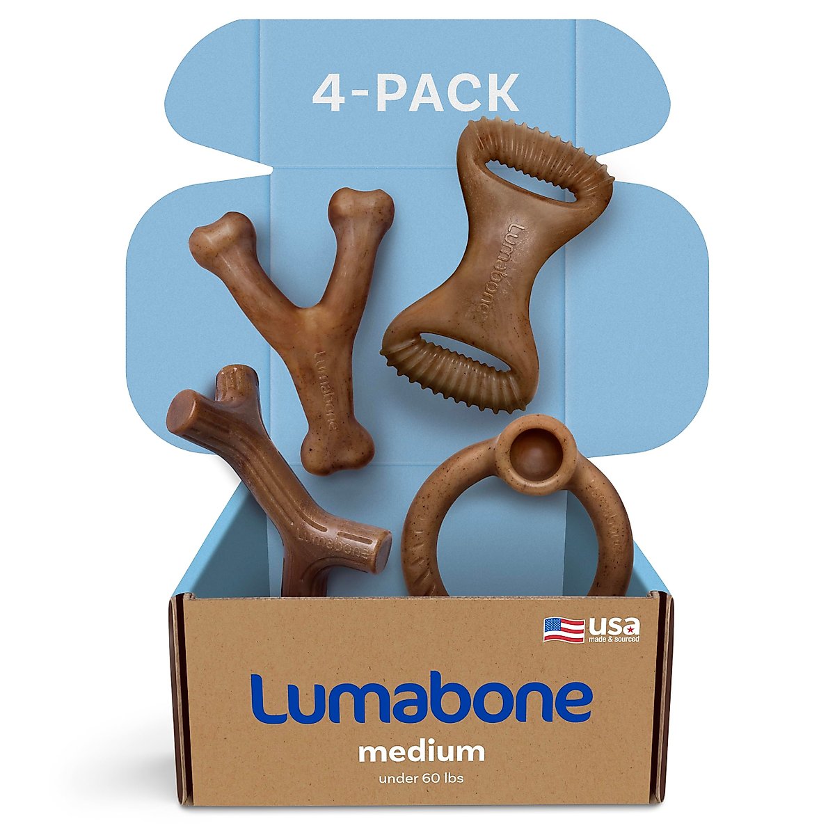 Lumabone Real Bacon Medium 4-Pack Durable Dog Chew Toys for Aggressive Chewers, Made in USA – Wishbone, Ring Stuffer, Dental Chew, Stick