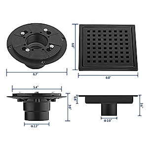 Wuhe 6-Inch Square Shower Drain with Flange,SUS304 Stainless Steel Shower Floor Drain with Removable Strainers and Cover Grid Grate,ABS Shower Drain Base and Rubber Threaded Adapter,Matte Black