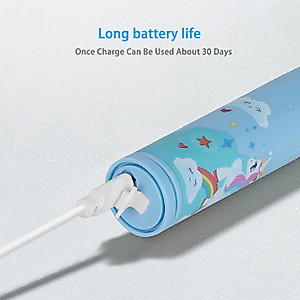 Sunartec Kids Electric Toothbrush, Six-Sided Inside and Outside Cleaning Rechargeable Sonic Toothbrushes with Timer &2 Brush Heads & Four Cleaning Modes, Training Brushing Teeth for Kids Gifts(Blue)