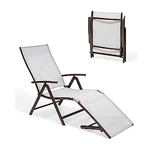 Pellebant Aluminum Patio Chaise Lounge Chair, Adjustable Chair for Outside with 8 Backrest Positions, Brown Frame, Folding Outdoor Recliners All Weather for Beach, Pool and Yard, Light Grey