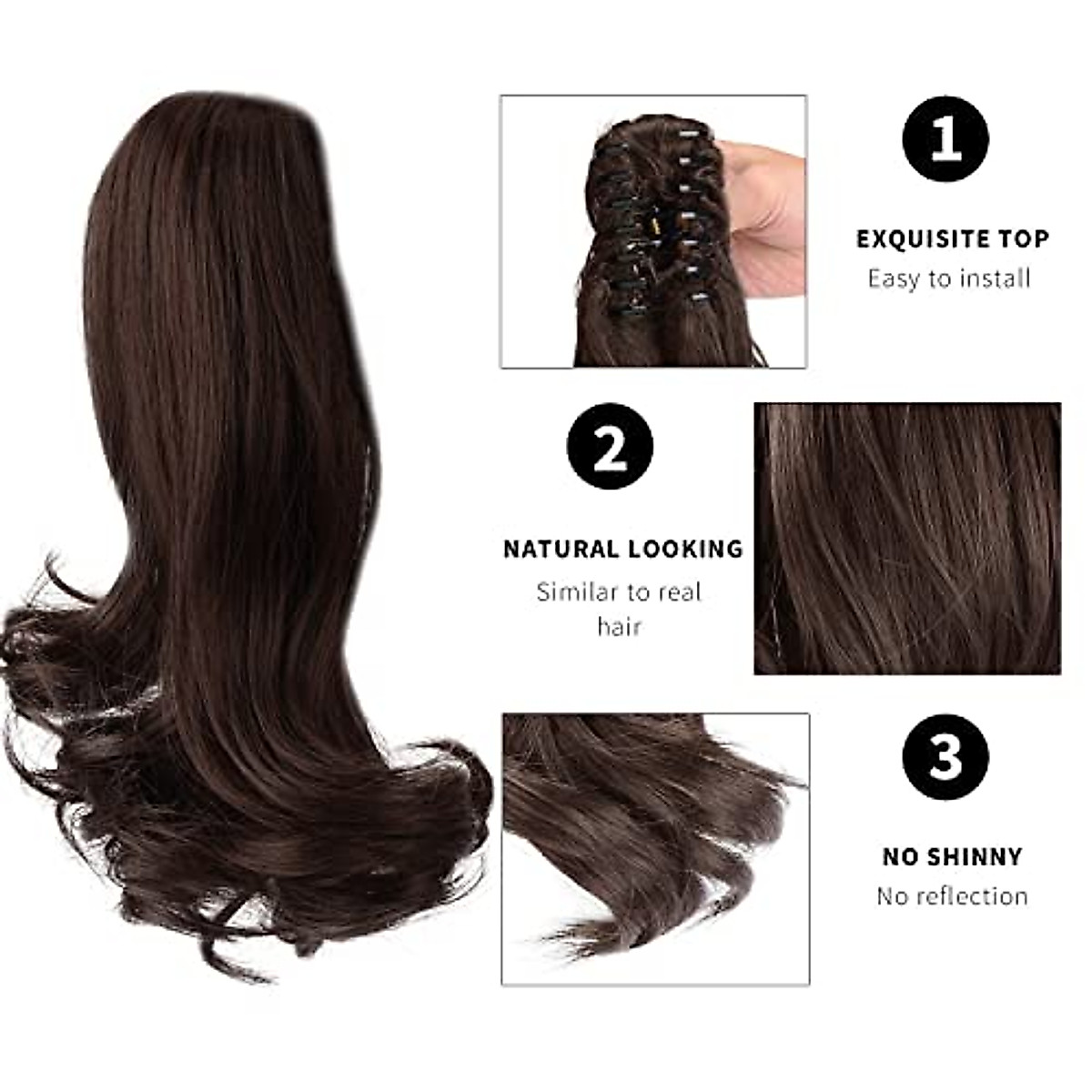 BARSDAR 10 Inch Claw Clip in Ponytail Hair Extensions Hair Piece Short Curly Synthetic for Girls Women (Darkest Brown mix Dark Auburn Evenly)