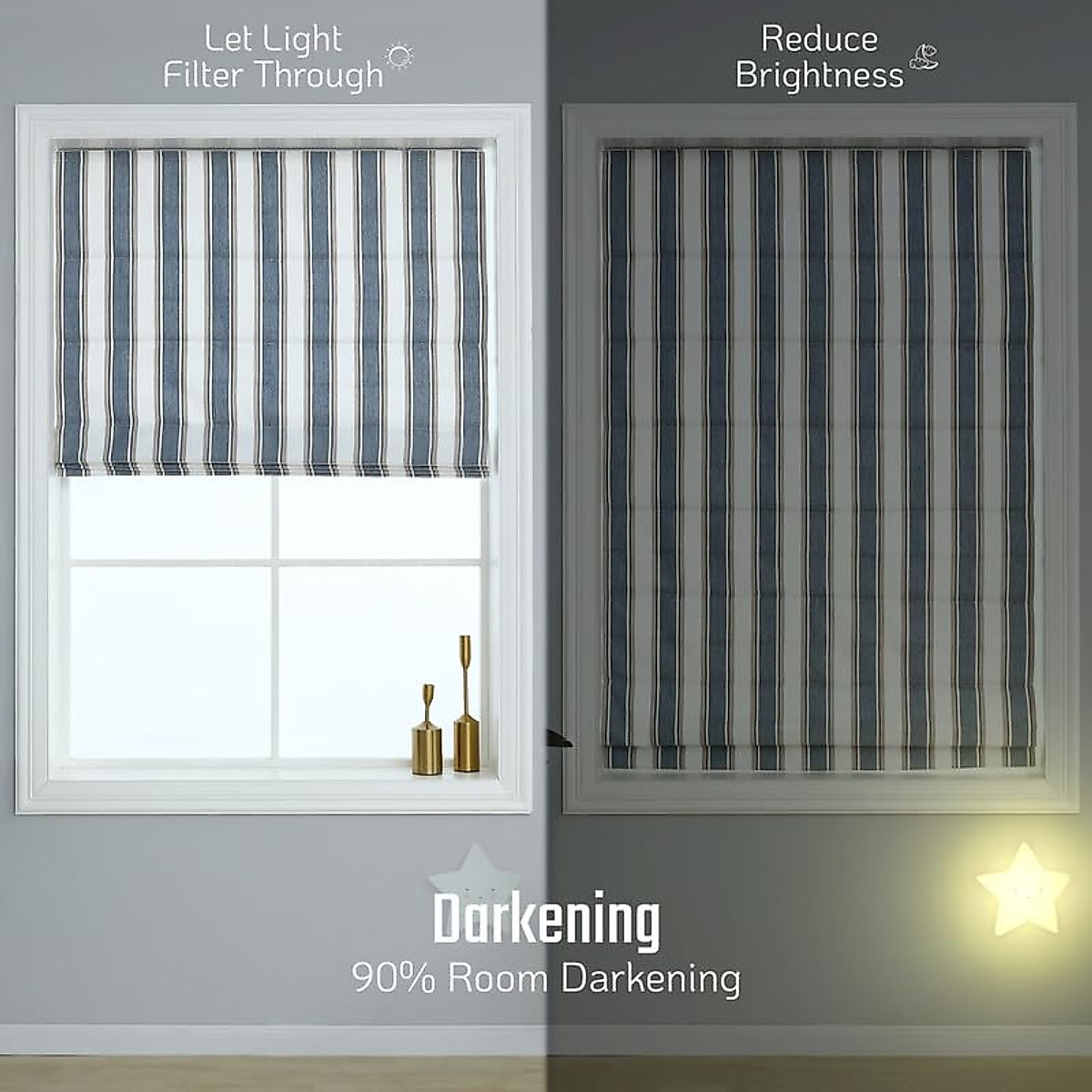 Everyday Celebration Roman Shades for Windows, Cordless Room Darkening Roman Window Shades, Pull Down Yarn-Dyed Vertical Stripe Window, Indoor Blinds & Shades with Woven Fabric, 35" W X 64" H, (Blue)