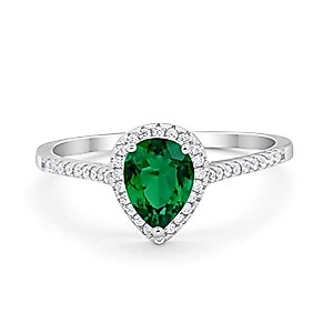 Blue Apple Co. Art Deco Teardrop Pear Wedding Engagement Bridal Ring Halo Round Simulated Green Emerald Cubic Zirconia 925 Sterling Silver Size-7