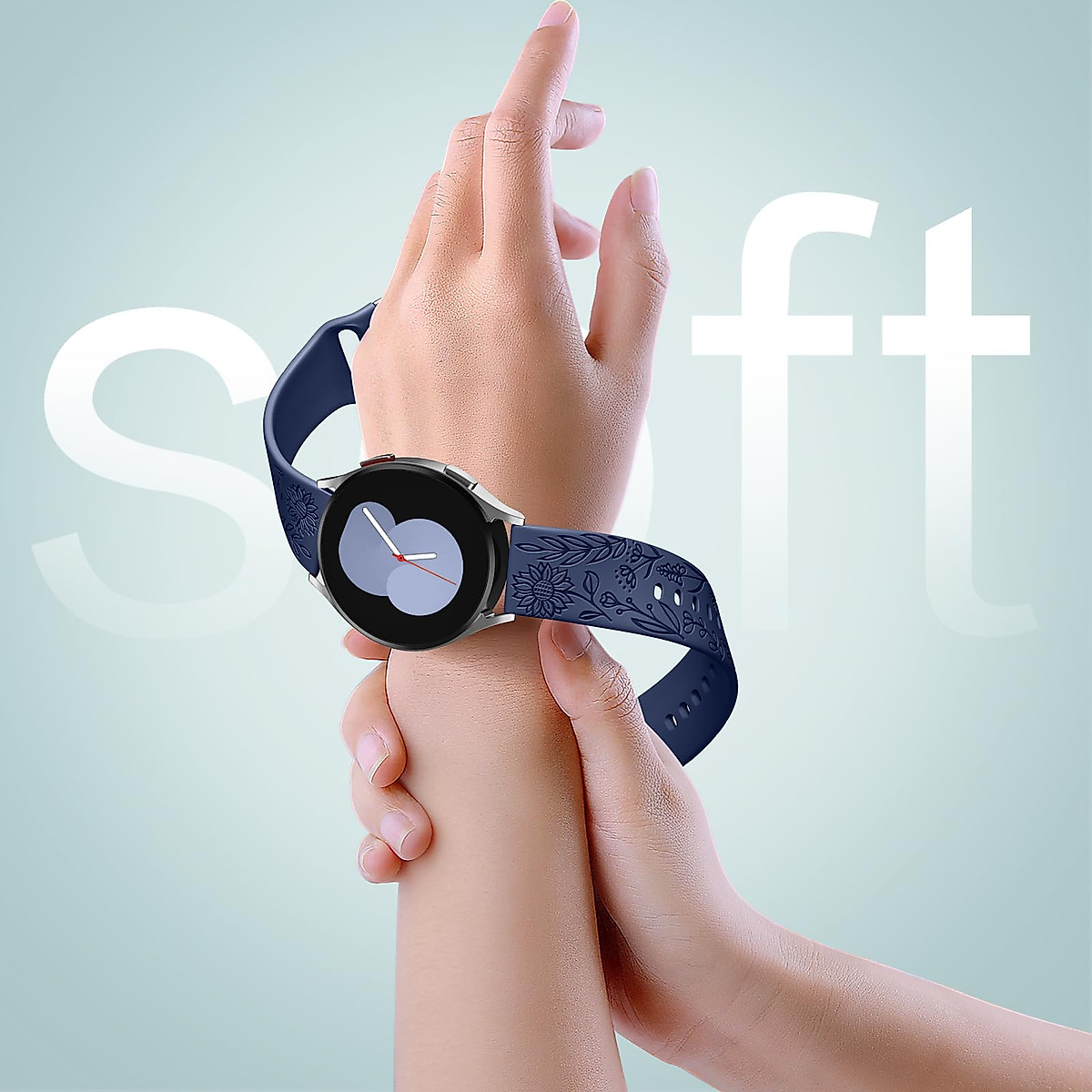 SNBLK Galaxy Watch 5 Band, 40mm-44mm, Soft Silicone, Flower Design, Navy Blue