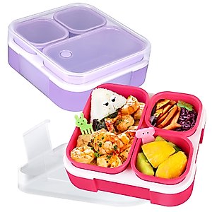 Genteen 2 Packs Bento Box for Kids, Kids Lunch Box with 3 Removable Compartments, Toddler Lunch Box for Daycare, School, BPA-Free Lunch-Box Snack Portion Container (Dark Pink + Purple)