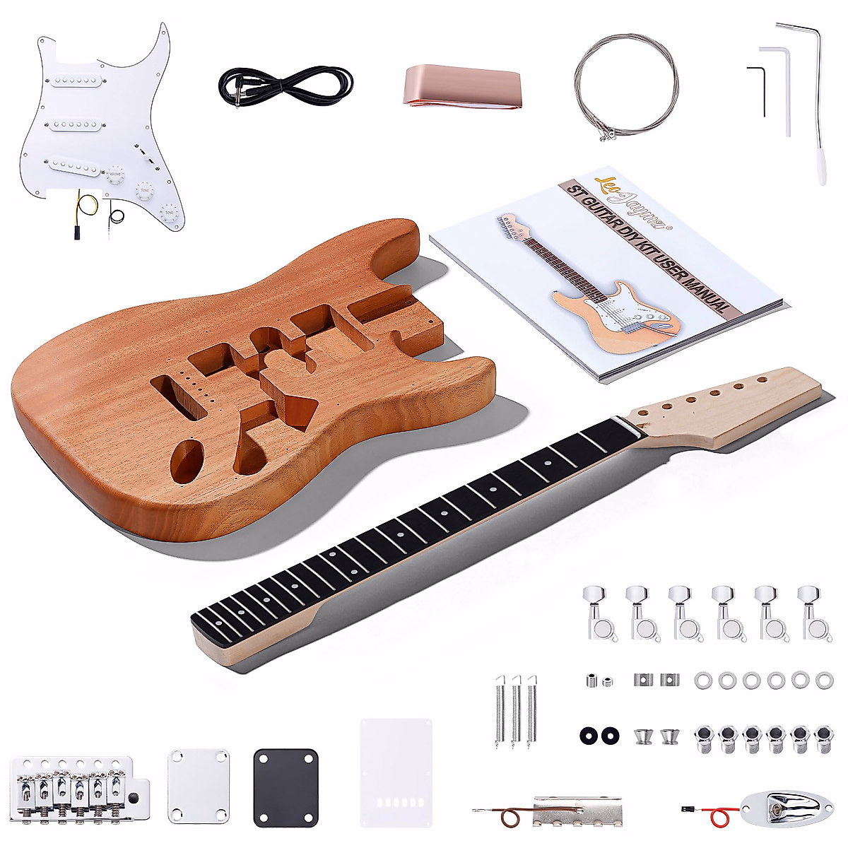 Leo Jaymz DIY ST Style Electric Guitar Kits with Mahogany Body and Maple Neck - Ebony Fingerboard and All Components Included (ST)