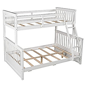JJRY Twin-Over-Full Bunk Bed can be Divided into Two Individual beds, Wood Bed Frame with Inclined Ladder and Two Storage Drawers (White)