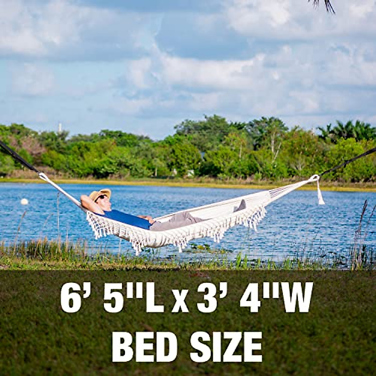 Bliss Hammocks BH-400WFRCA Polyester Hand-Braided Hammock in a Bag Decorative Fringe, Natural Brown