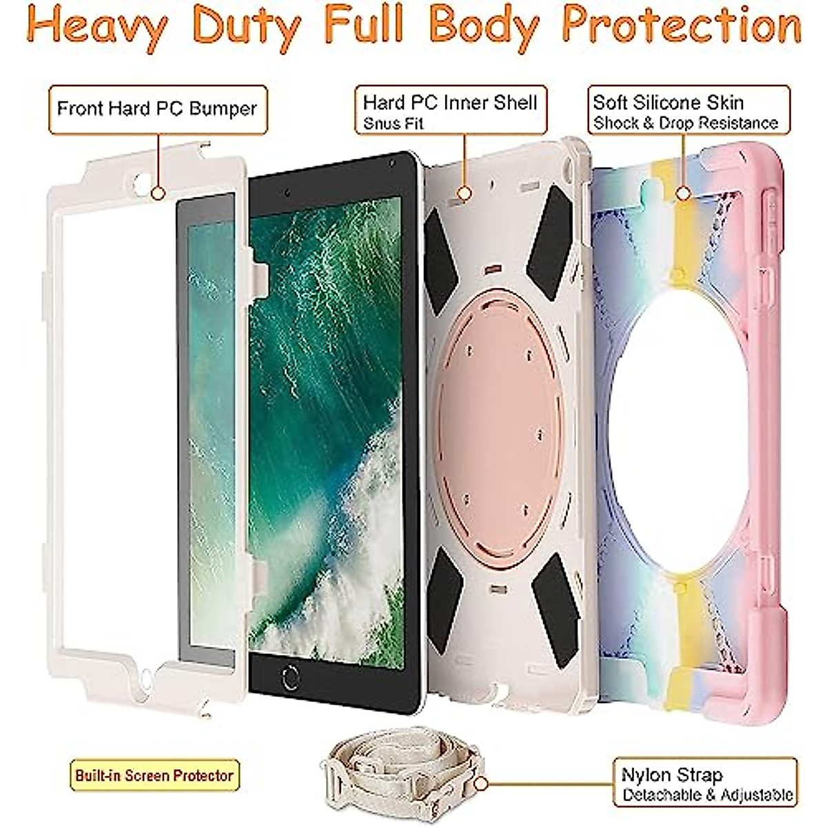 KENOBEE Case for iPad 9.7 6th/5th 2018/2017 / Air 2 / Pro 9.7, 360° Rotating Multi-Functional Handle-Kickstand Shockproof Cover Built-in Screen Protector & Shoulder Strap, Rainbow Pink