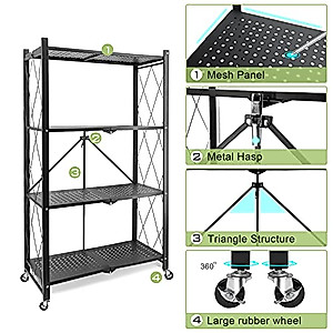 4-Shelf Foldable Storage Shelves with Wheels, Large Capacity Shelving Unit, Freestanding Metal Wire Shelf Rack, No Assembly Organizer Rack for Garage Kitchen, Basement, Pantry, Heavy Duty