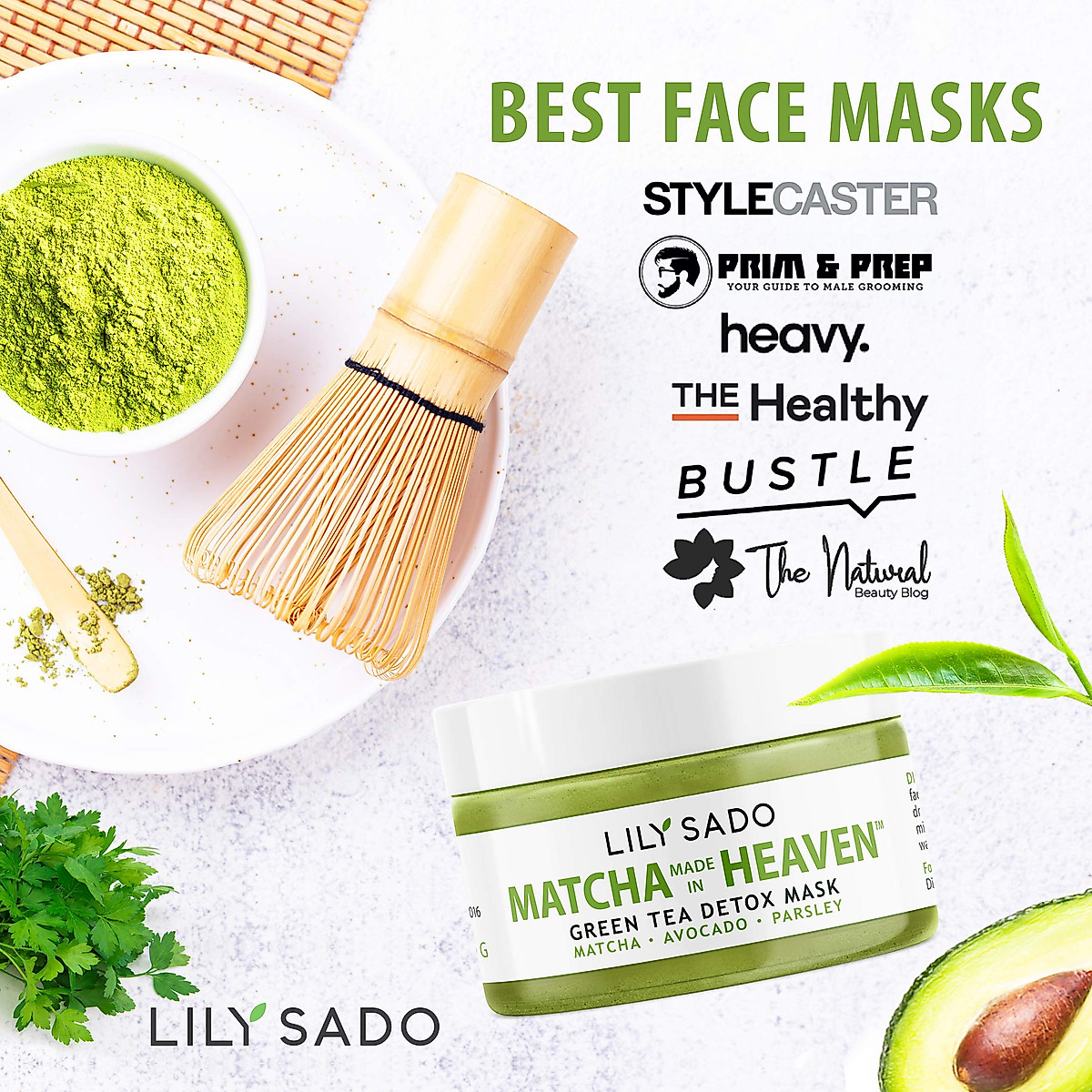 LILY SADO Green Tea Matcha & Avocado Face Mask - Organic Natural Vegan Facial Mask - Anti-Aging Antioxidant Defense Against Acne, Blackheads & Wrinkles for a Soft Glowing Complexion – 4 oz