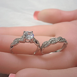 MABELLA 925 Solid Sterling Silver Matching Bridal Set Wedding Engagement Rings Clear Round Cubic Zirconia Eternity Ring for Women Size 6