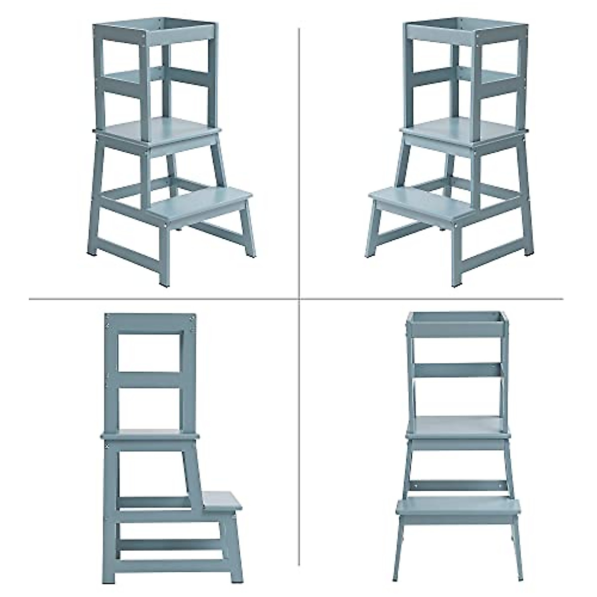 Kitchen Step Stool for Toddlers and Kids with Safety Rails for Kitchen Counter Solid Wood (Baby Blue)