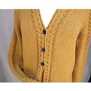 Mustard Gold Cardigan Sweater with Cable Design, Hand Knit, Merino Wool Acrylic, Womens size M L, Long Sleeves, Button Front, Basic Cardi