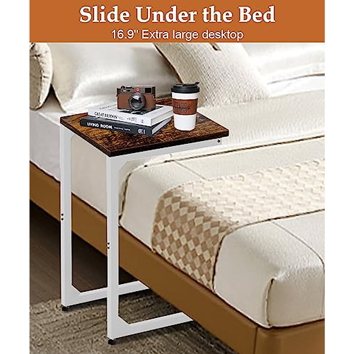 Artigarden C Table End Table with Metal Frame Small Side Table for Couch, Sofa TV Tray Table for Living Room, Bedroom, Bedside Bright White