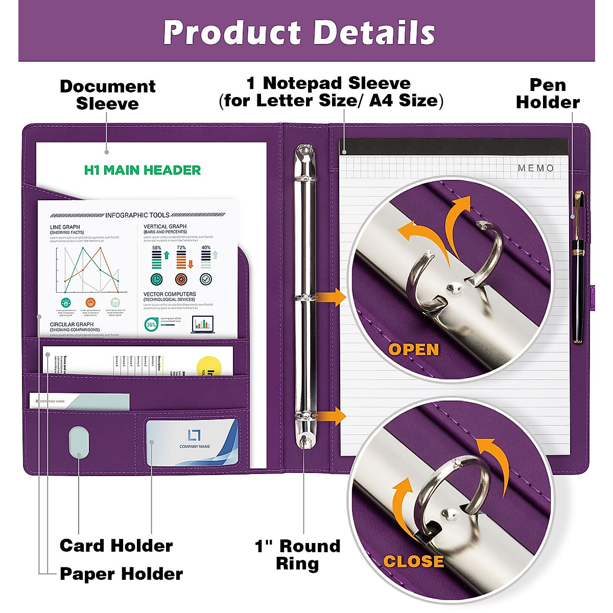 Leather Padfolio 3 Ring Binder (1 inch Round Ring) for Letter Size (11" x 8.5"), Business Portfolio Folder for Interview, Conference and Presentation, Purple