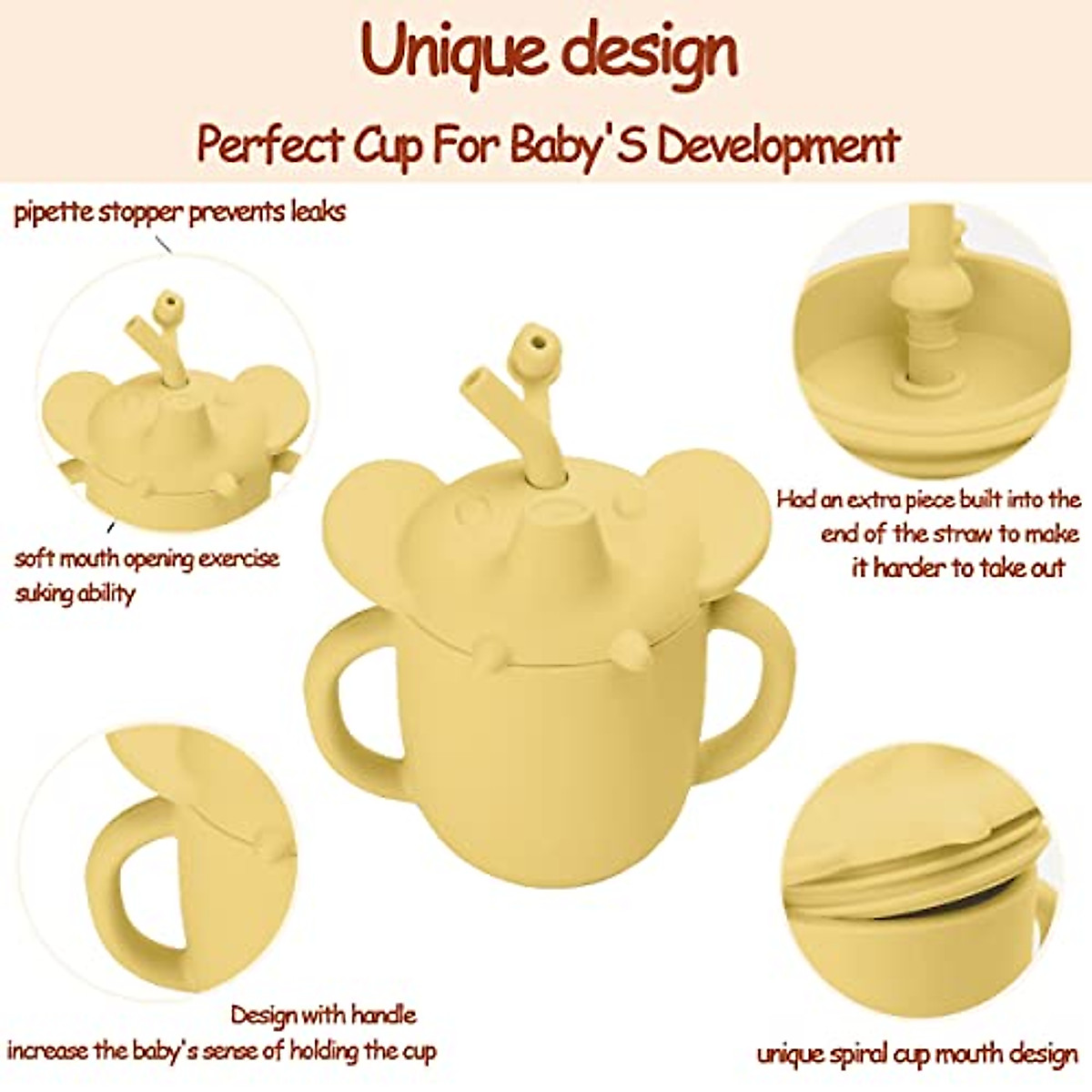 Silicone Sippy Cup for Toddler, Transition Straw Cups for baby 6 months+, 3 in 1 Elephant Training Sippy Cups for Babies with Cleaning Brush, Two Handles, Microwave Safe and Dishwasher, BPA Free, 7oz