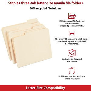 Staples 116657 Manila File Folders Letter 3 Tab Assorted Position 100/Box