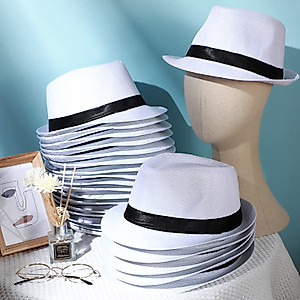 Lasnten 24 Pack 1920s Fedora Hats Bulk for Men Short Brim Sun Panama Hats for Women Party Costume, Circumference 60 cm(White)