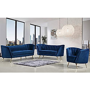 Meridian Furniture Margo Collection Modern | Contemporary Velvet Upholstered Loveseat with Deep Channel Tufting and Rich Gold Stainless Steel Legs, Navy, 65" W x 30" D x 33" H