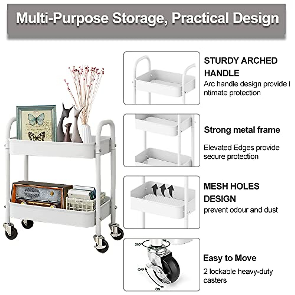 2 Tier All-Metal Rolling Cart,Rolling Storage Cart with Handle and Locking Wheels Kitchen Cart,Laundry Office Bathroom Storage Organizer Cart with Wheels, White