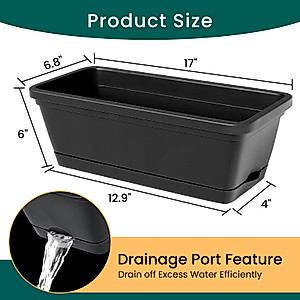 CEED4U Window Box Planter, 17 Inches 3 Packs Black Rectangular Planters Box with Saucers and 15Pcs Plant Labels, Self-Watering Drainage Holes, Windowsill Decor Outdoor Indoor Plastic Long Pots