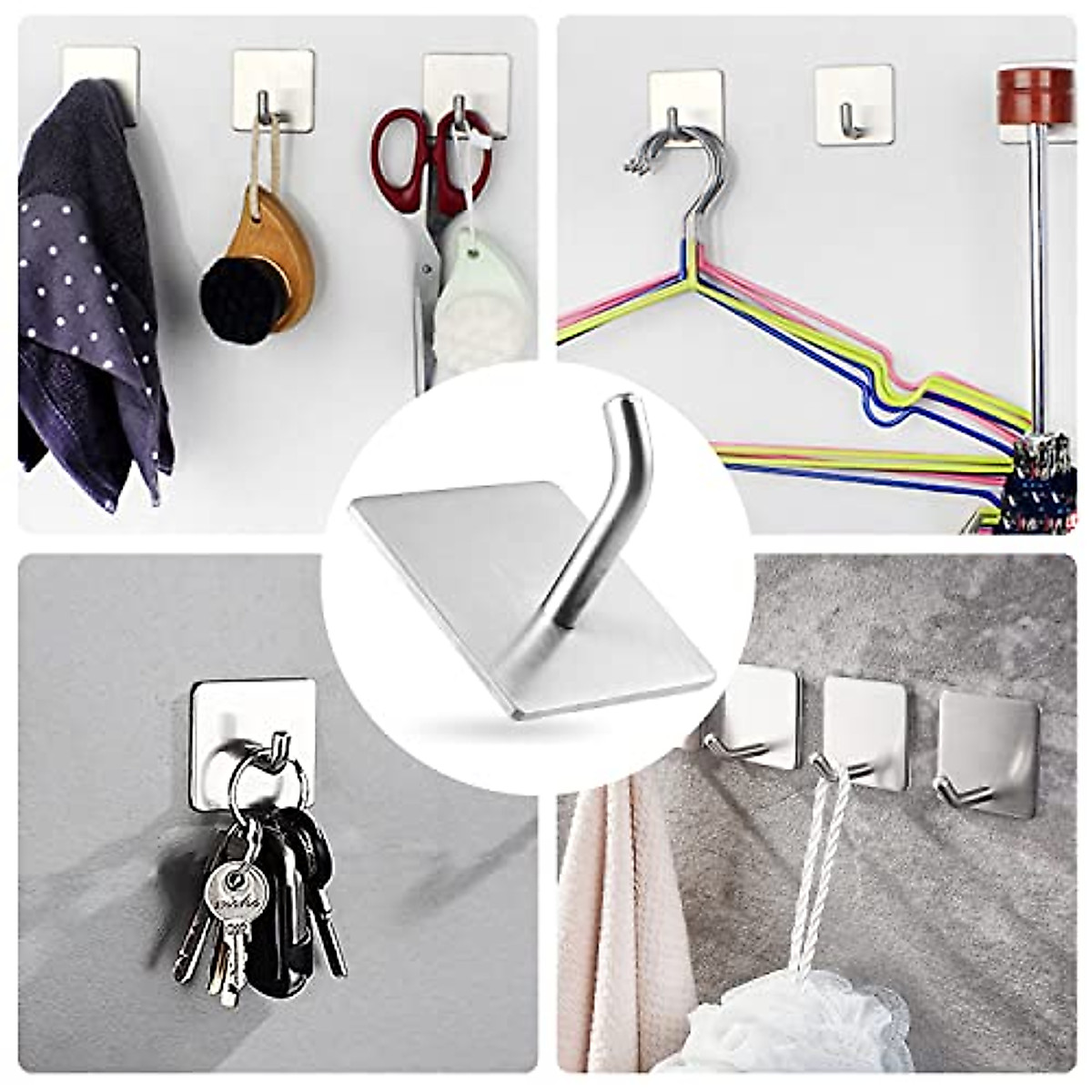 Adhesive Towel Hooks Stainless Steel Heavy Duty Shower Hook Waterproof Wall Hooks Stick on Door Cabinet Robe Rack Hanger for Hanging Clothes, Coats, Bags, Keys, Bathroom Kitchen and Bedroom-4 Packs