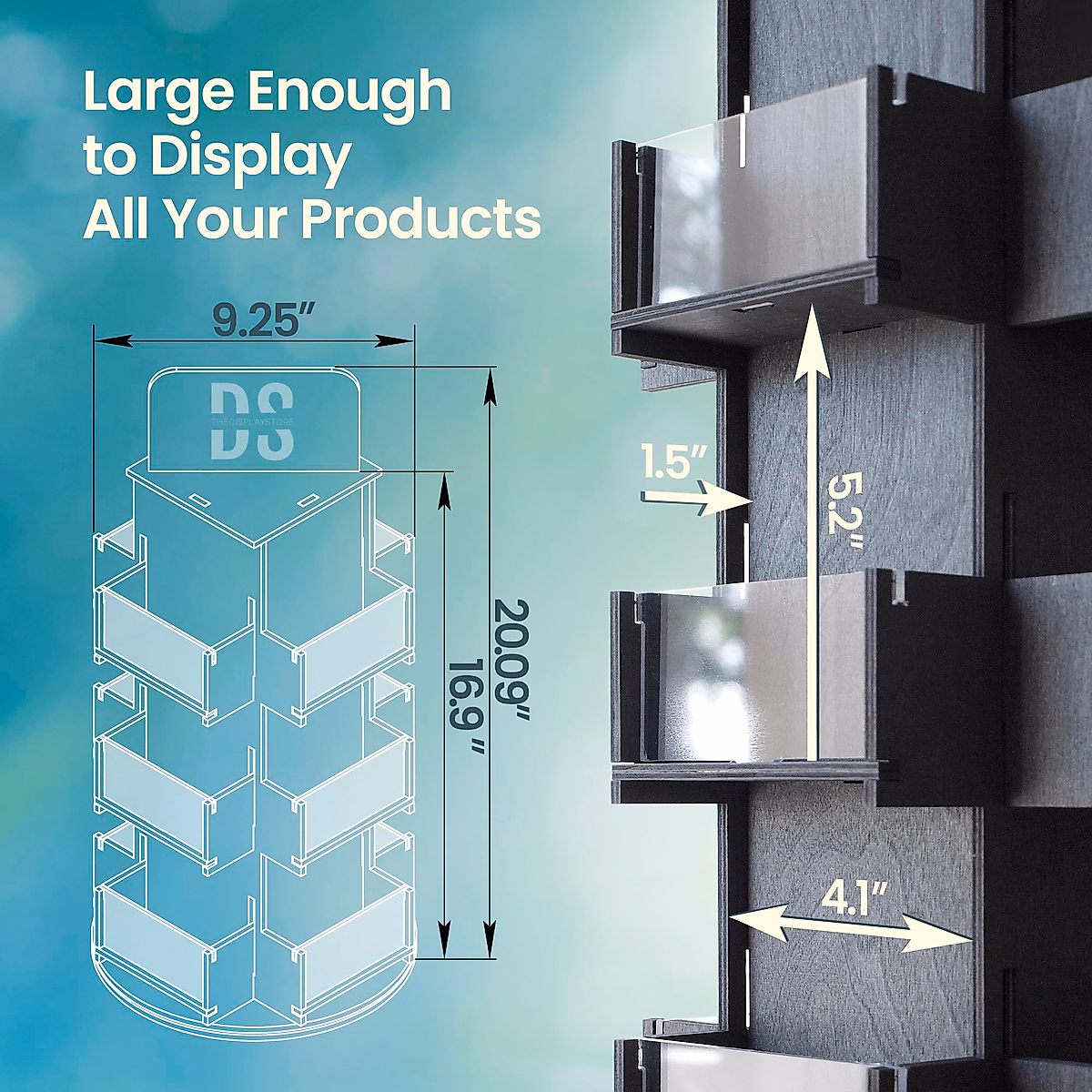 DS THE DISPLAY STORE 3 Tier Rotating Sticker Display Stand for Vendors, Black Wooden Countertop Organizer Shelf for Coasters, Retail, Showcase, Tradeshow