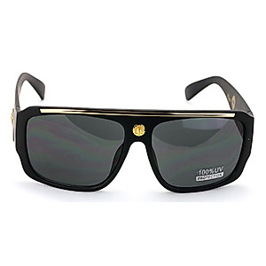 V.W.E. Lion Head Flat Top Hip Hop Rapper Retro Aviator Sunglasses (Matte Black)