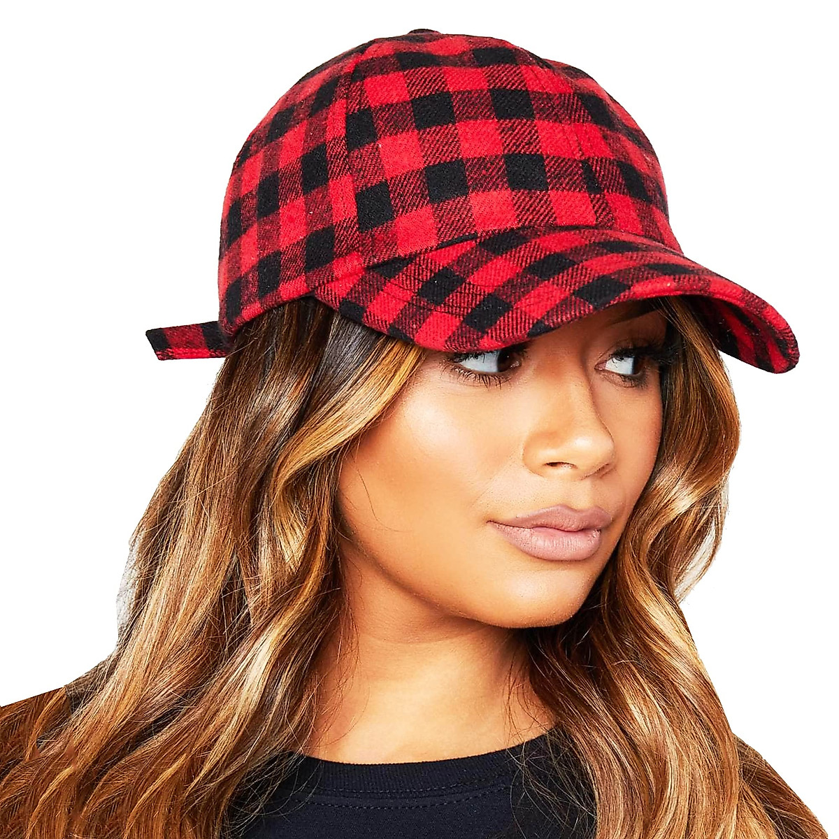 Womens Buffalo-Check Ball-Cap Red-Black-Plaid Baseball-Hat (Red/Balck Plaid, Medium)