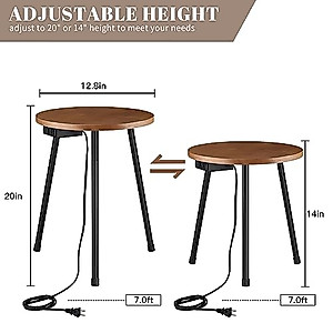 KINNARY End Table with Charging Station, Round Side Table with USB Port & Outlet, Adjustable Height Metal Leg, Small Nightstand Table for Living Room Bedroom, 12.8''D x 20''H, Walnut Wood