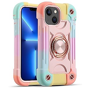 MARKILL Compatible with iPhone 13 Mini/iPhone 12 Mini Case 5.4 Inch with Built-in Ring Stand, Military Grade Drop Protection Full Body Rugged Heavy Duty Protective Cover. (Rainbow Pink)