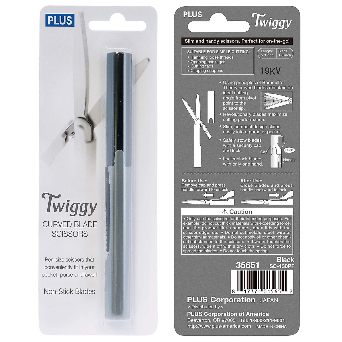 Plus Pen Style Non Stick Compact TSA Twiggy Scissors with Cover Charcoal