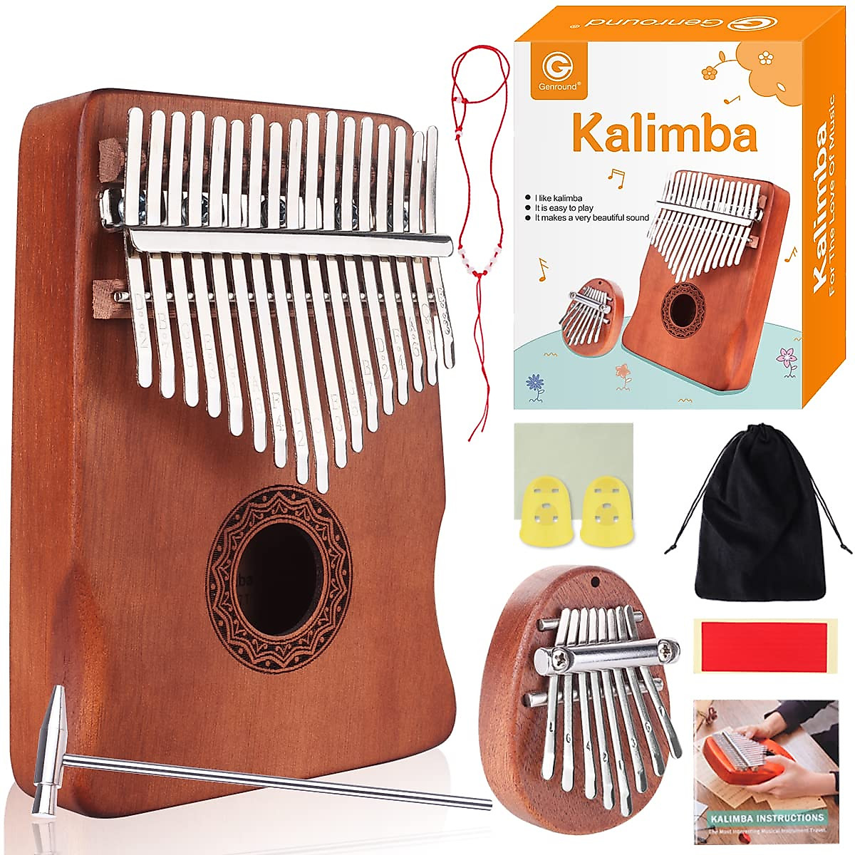 Genround Kalimba Thumb Piano & Finger Instrument Bundle, 17 Keys & 8 Keys Piano with Beginner's Study Instruction, Portable Thumb Piano for Kids and Adults, Includes Tuning Hammer