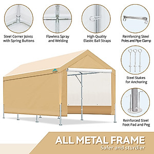 ADVANCE OUTDOOR Adjustable 10x20 ft Heavy Duty Carport Car Canopy Garage Shelter Boat Party Tent, Adjustable Heights from 9.5ft to 11.0ft, Removable Sidewalls and Doors, Beige