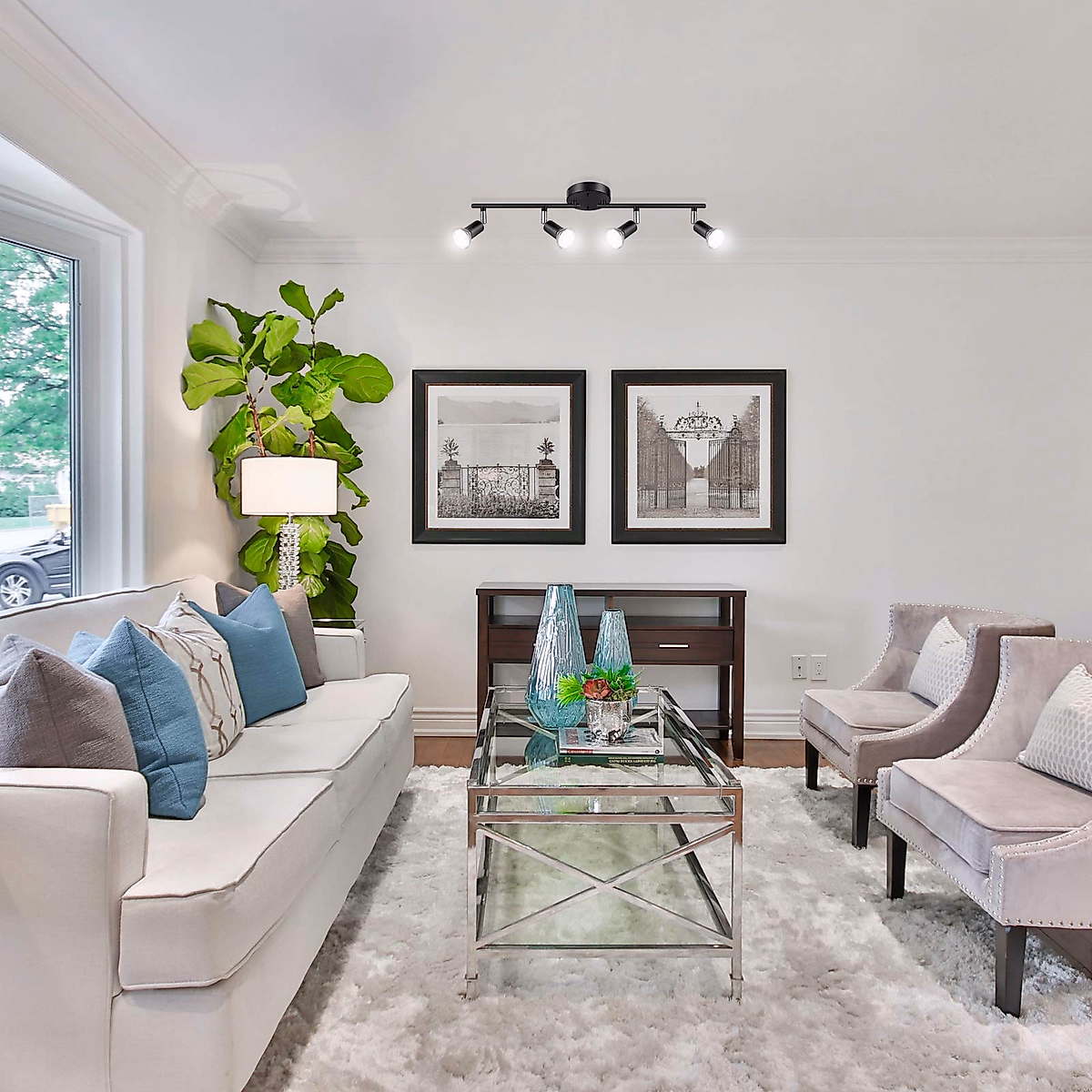 Ascher 4-Light LED Track Lighting Kit, Flexibly Rotatable Light Heads, 4 Way Ceiling Spotlight Black Finish, Including 4 GU10 LED Bulbs (4W 400LM Daylight White 5000K)