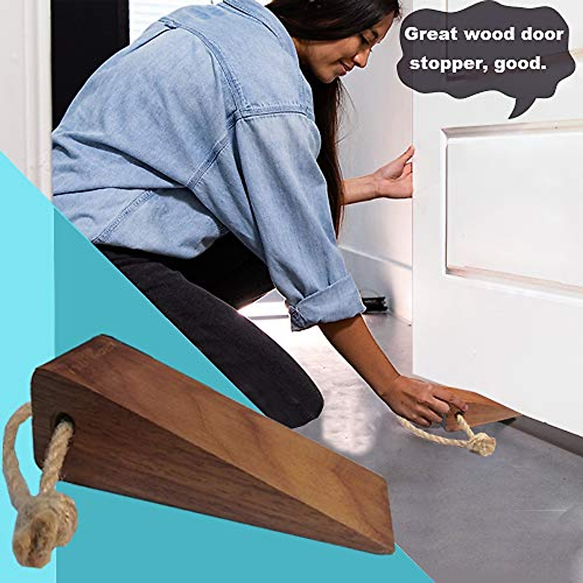 Wooden Door Stopper with Hemp Rope, Soild Walnut Wood Door Stopper, Security Non-Slip Door Stops Wedges with Sturdy and Durable (1PCS)