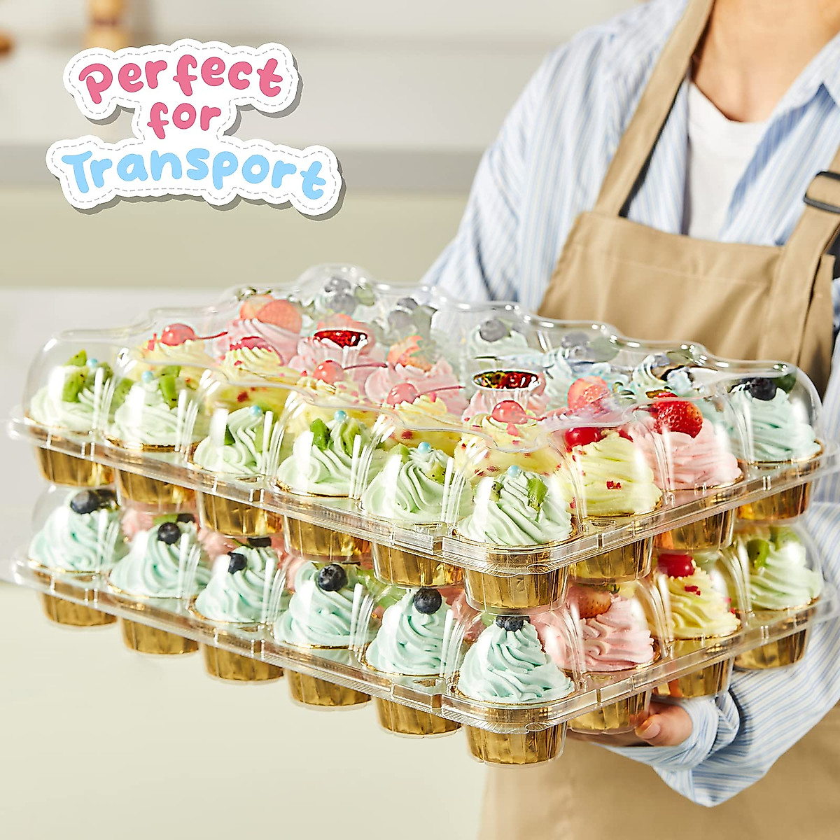 (24 Pack x 10 Sets) Gencywe Stackable Cupcake Carrier Holders with 240 Pack Cupcake Liners, Plastic Cupcake Boxes Holders for 24 Cupcakes, High Tall Dome Lid Cupcake Containers, Clear Disposable Cupcake Trays
