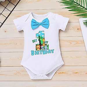 Wild One Birthday Decorations Supplies, Jungle Theme First Birthday Decoration, Newborn Baby Cotton Bodysuit One Pants Clothes Set for 1st Birthday Boy Safari Party Supplies Blue 12-18 Months