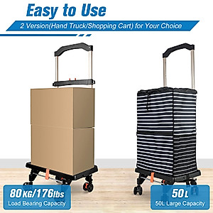 Folding Hand Truck Portable Dolly Utility Cart Rolling Crate with 4 Rotate Double Wheels 80KG/176Lbs Heavy Duty Adjustable Handle for Moving Shopping Grocery Travel Office Use(Black Swivel Wheel)