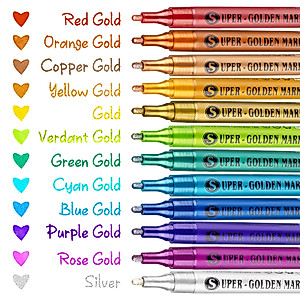 SAKEYR Super Golden Metallic Paint Markers, 12 Colors Sparkle Metallic Glitter Markers, Acrylic Paint Pens for Rock Painting, Glass, Wood, Fabric, Black Paper, Cards, Scrapbook, DIY Art Crafts (2-3mm)