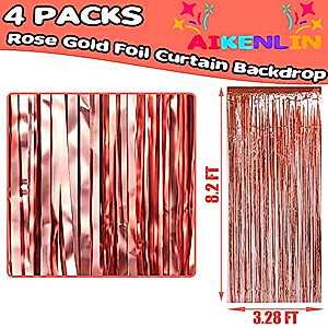 4 Pack 3.2Ft x 8.2Ft Rose Gold Foil Fringe Curtain Backdrop, Metallic Tinsel Foil Fringe Streamers Curtains Background for Photo Booth, Birthday, Wedding, Halloween, Christmas Party Decoration