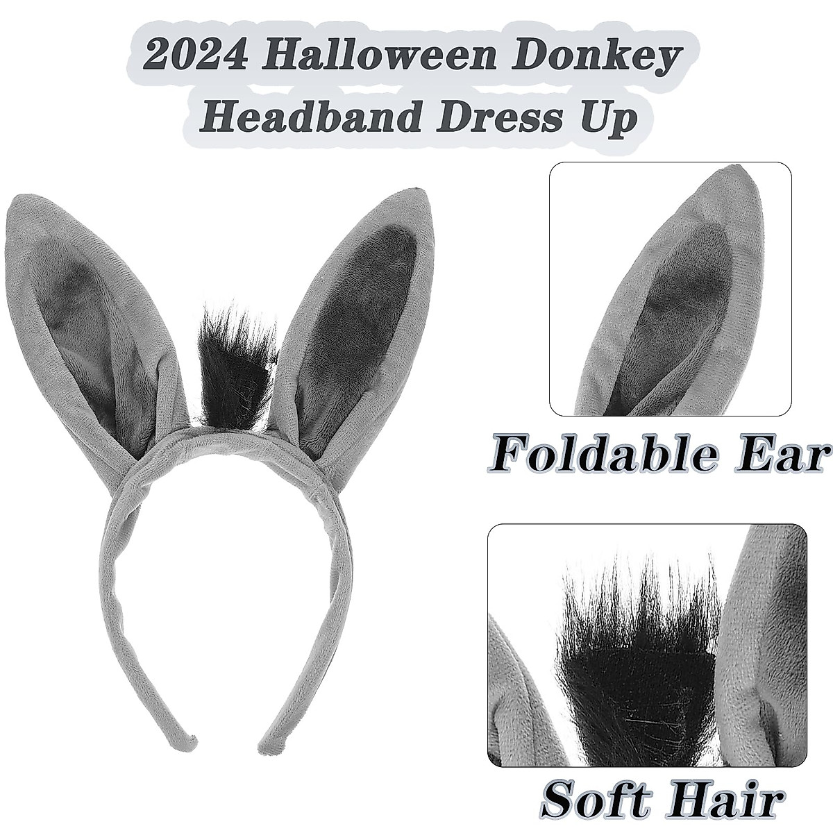 KOKOWOO Cute Plastic Donkey Ears Headband, Gray, Costume Headband for Halloween, Cosplay Party, Birthday, Accessories, All Ages, Female
