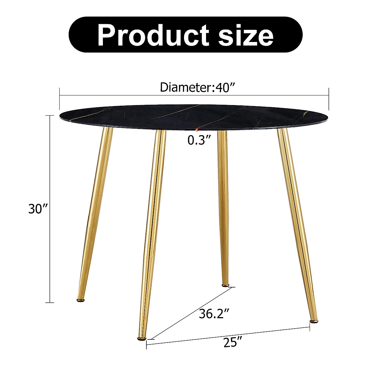 OUYESSIR 40'' Round Dining Table, Imitation Marble Craft Glass Kitchen Table with Black Metal Legs, Small Modern Table for Dining Room, Kitchen, Living Room, Cafe, Office