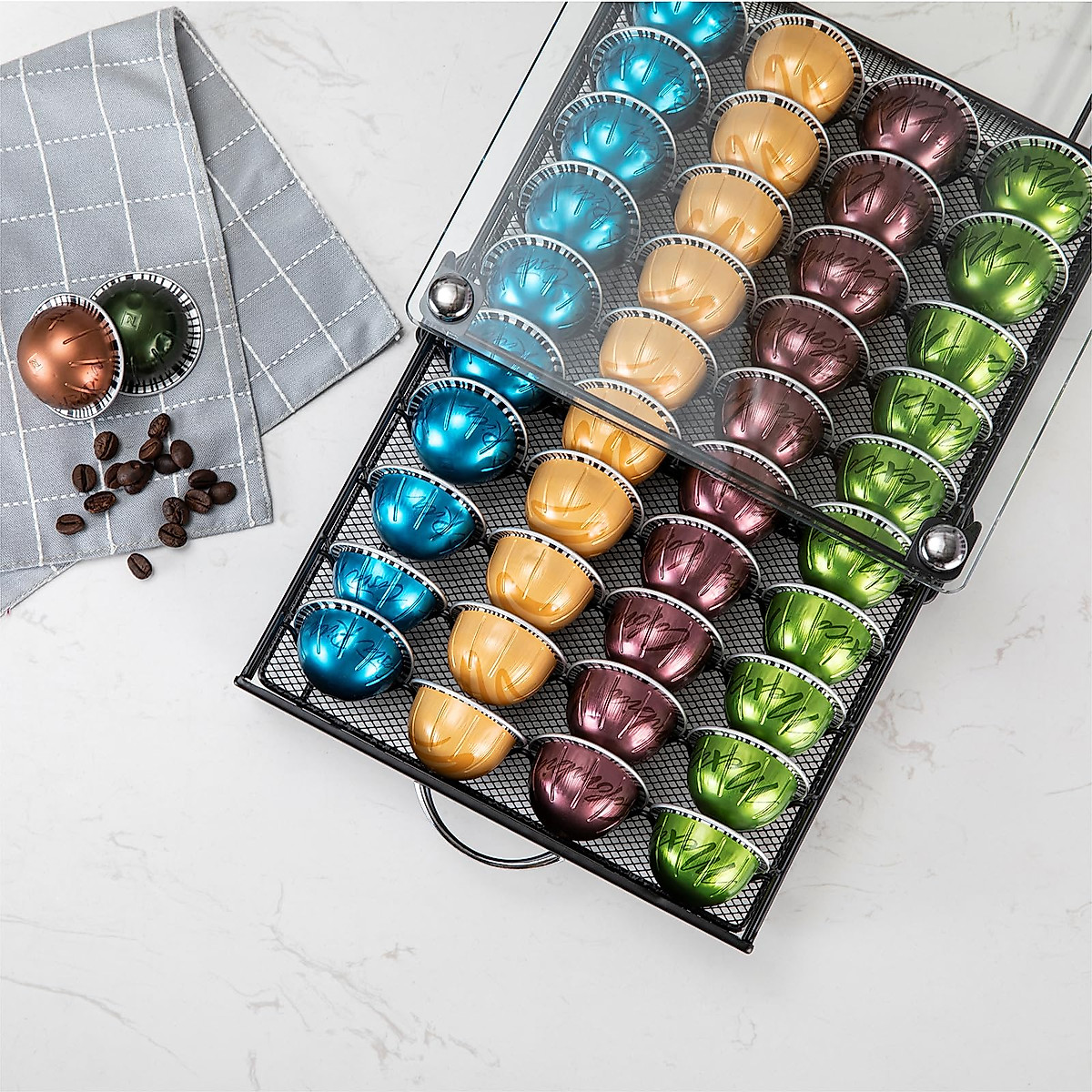 Rice rat Vertuo Capsule Holder Drawer for Nespresso With Glass For Cabinet Vertuoline Pod Storage Rack For Counter (Class-40 Pods（With handle）)