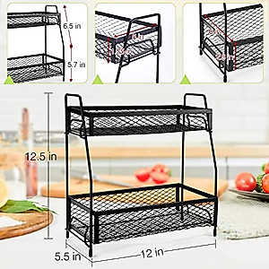 Spice Rack Organizer for Countertop, 2 Tier Metal Foldable Non-Slip Countertop Organizer, Countertop Spice Rack for Kitchen Bathroom Countertop(Black)