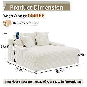 65.35" Oversized Chaise Lounge Chair for 2, Upholstered Sleeper Sofa Bed with Cup Holders | Charging Station | Removable Backrest | Backrest Pilow, Fluffy Chair Sofa Couch for Living Room, Beige
